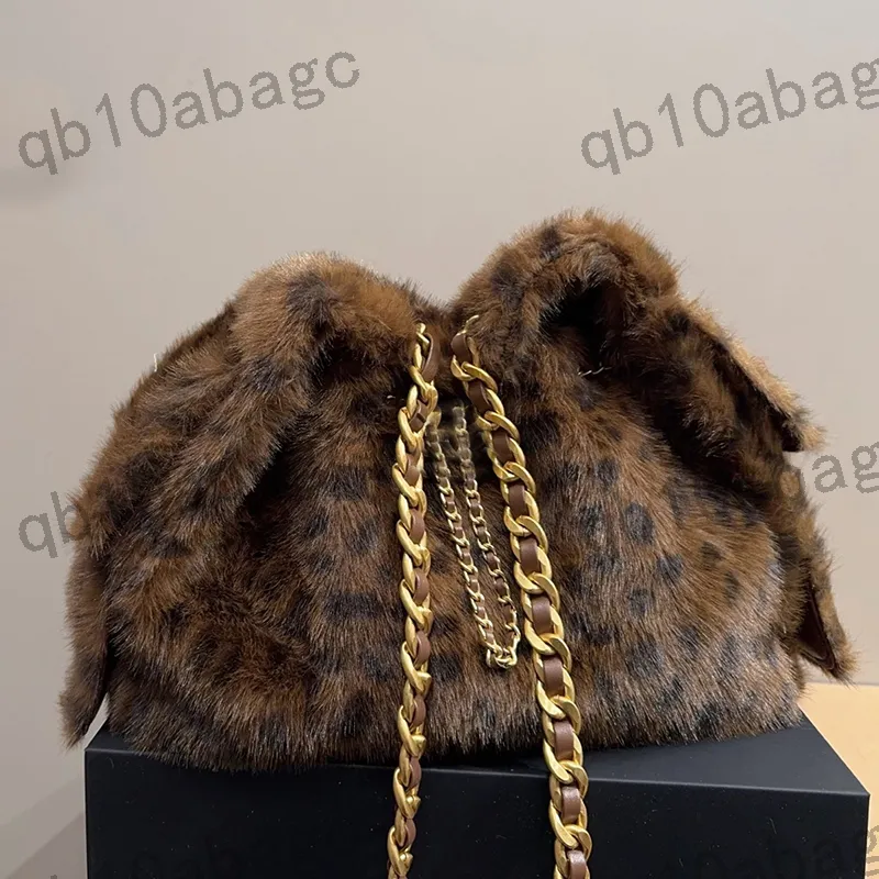 Mink Hobo Bucket Underarm Shoulder Bag with Gold Metal Chain Drawstring ...