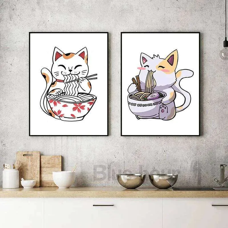 Japanese Ramen Noodles Cat Watercolor Sushi Canvas Wall Art Kitchen ...