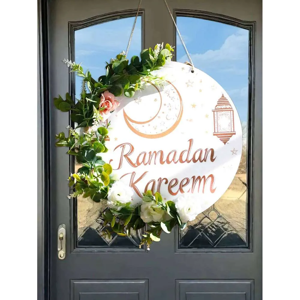 Ramadan Kareem Hanging Door Sign Wooden Floral Decor with Moon Star ...