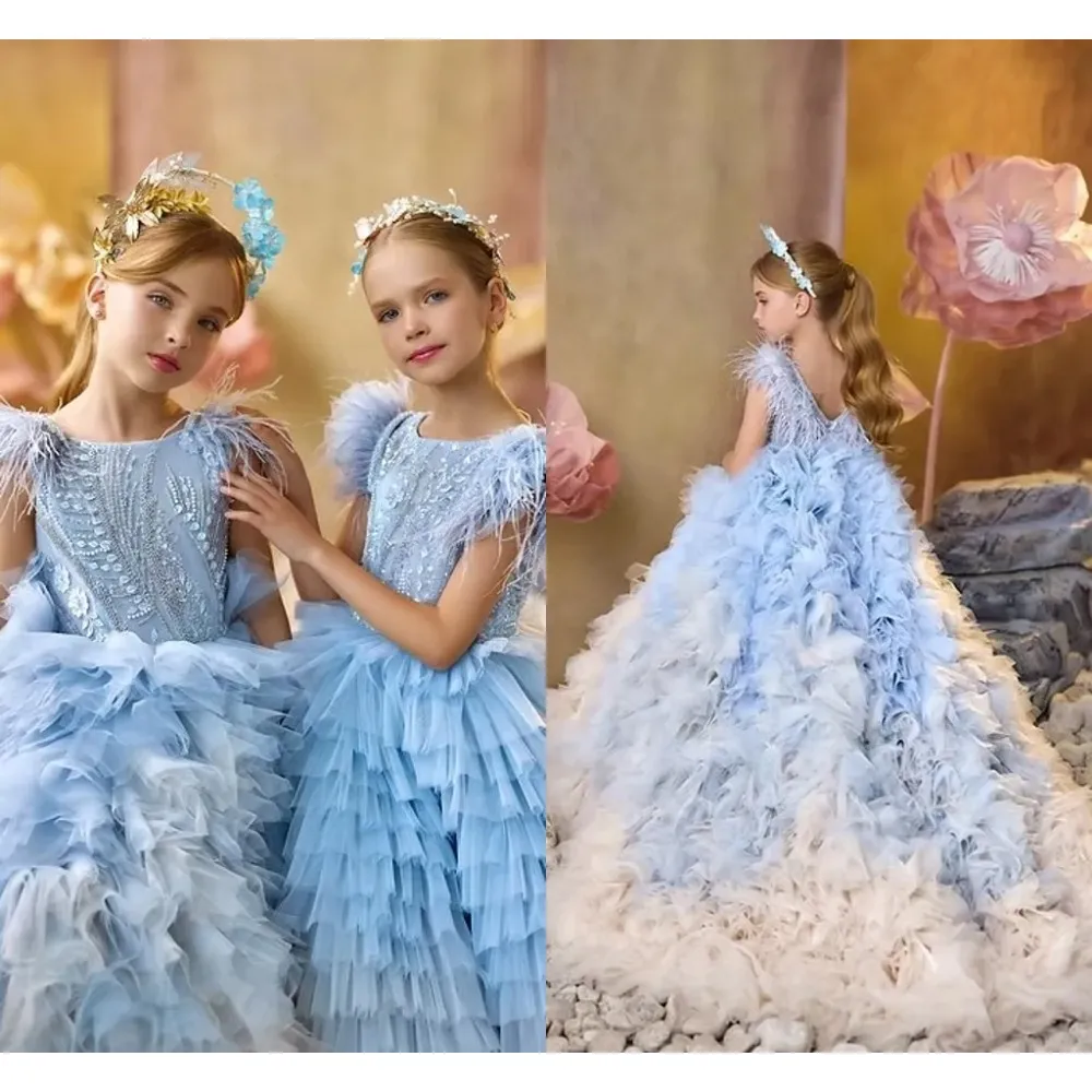 Gradient Light Blue Flower Girl Dress Tea-Length Tulle A-Line Gown with ...