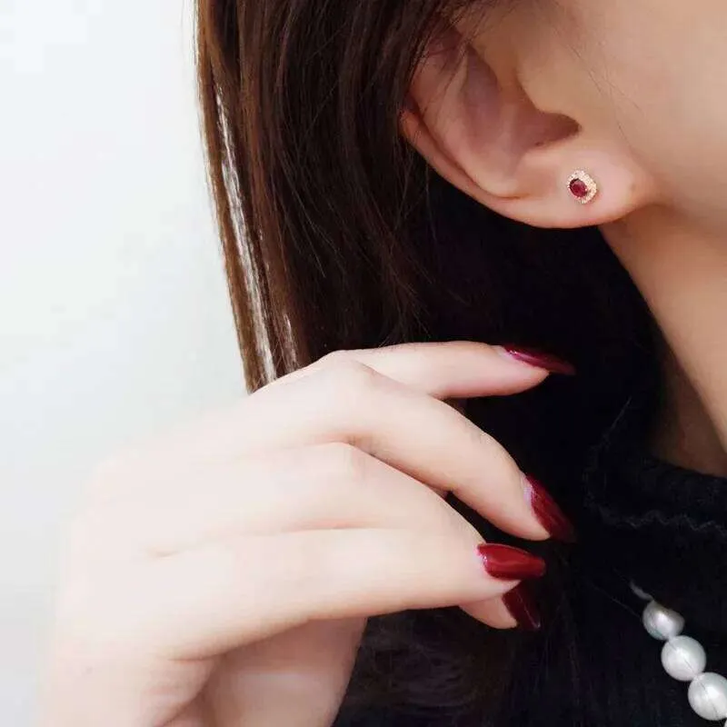 Red Cubic Zirconia Flower Pattern Stud Earrings Silver-Plated Stainless ...