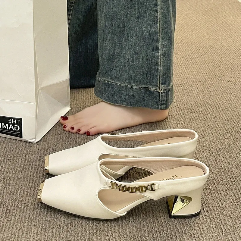 French-Style Square-Toe Block Heel Open-Back Mid-Heel Women's Outdoor ...