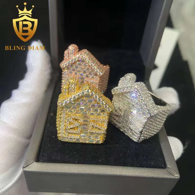 925 Sterling Silver House Shape Ring with White Emerald Cut Moissanite ...