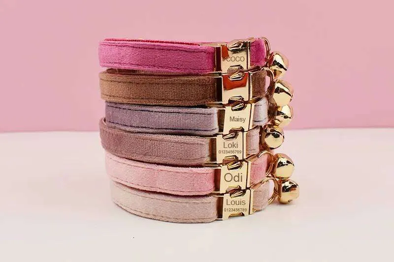 Velvet Personalized Canvas Cat Collar with Name Plate Bell and Buckle ...