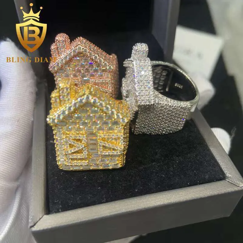 925 Sterling Silver House Shape Ring with White Emerald Cut Moissanite ...