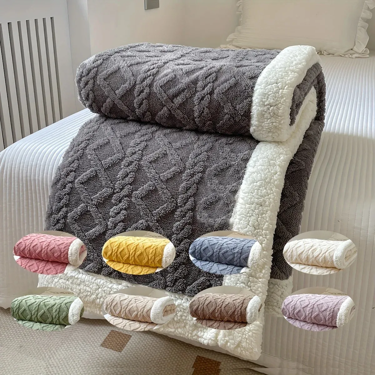 Double-Sided Acrylic Fleece Bed Blanket Chunky Knit Geometric Pattern ...