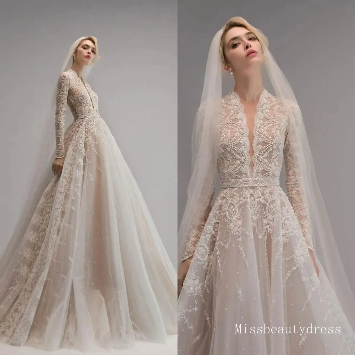 Ersa Atelier 2026 A Line Deep V Wedding Dress With V Neck, Long Sleeves ...