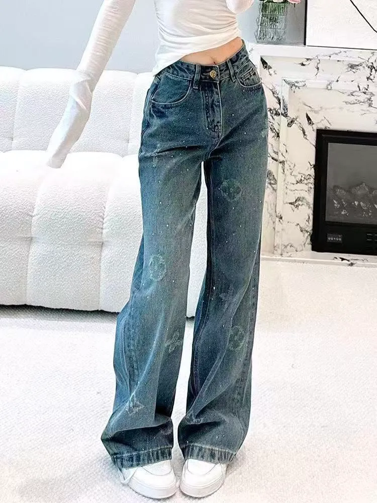 Designer Style Washed Beaded Straight Leg Denim Pants For Women Loose ...