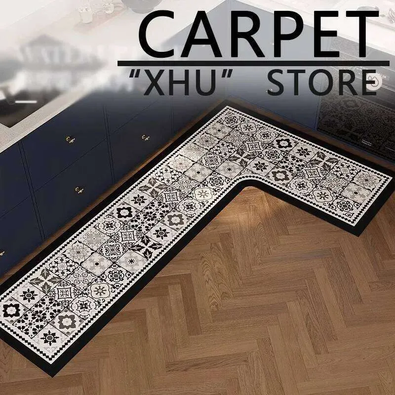 L-shaped Kitchen Carpet PVC Waterproof Non-slip Floor Mat Plaid Pattern ...