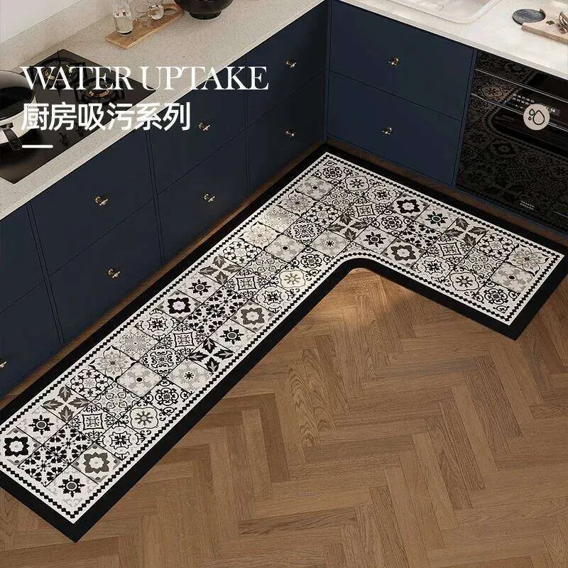 L-shaped Kitchen Carpet PVC Waterproof Non-slip Floor Mat Plaid Pattern ...