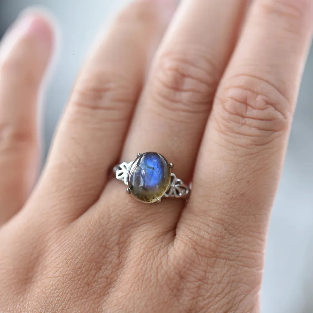 ITSMOS Labradorite Flower Hollow Ring Oval Gemstone Blue Light Silver ...