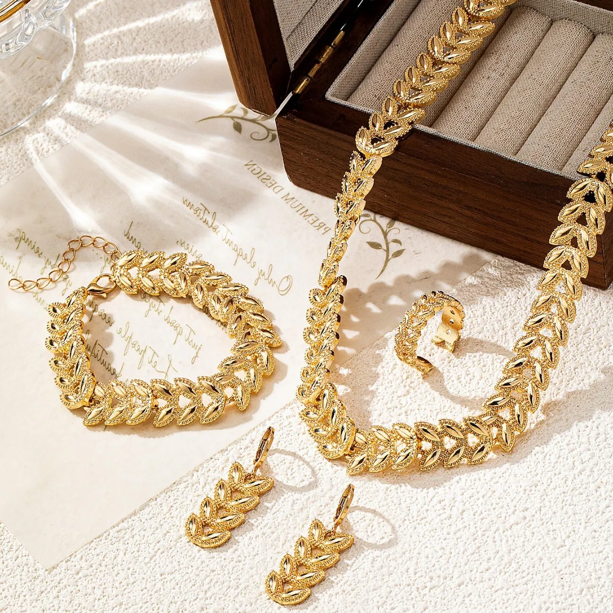 Leaf Pattern Bracelet Necklace Earrings Jewelry Set for Women with 18K ...