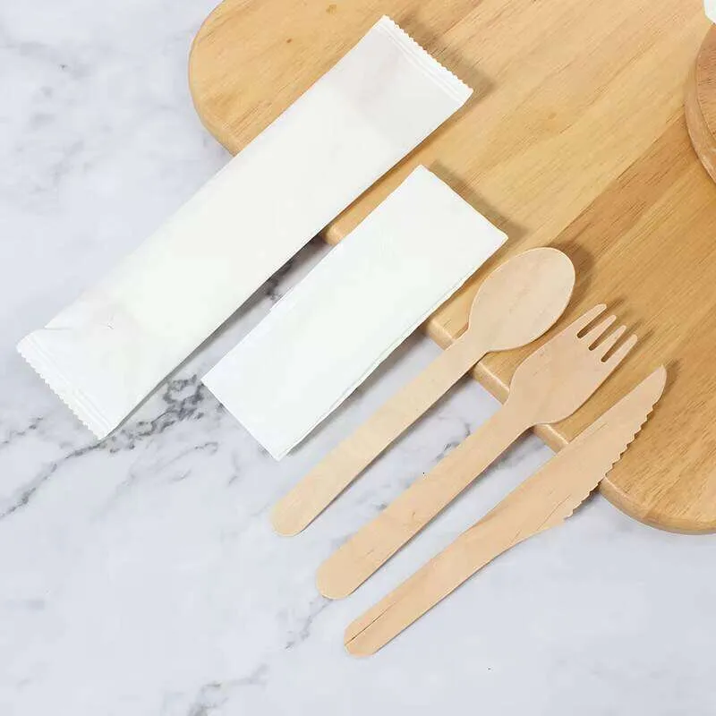 Eco-Friendly Disposable Wooden Cutlery Set with Kraft Paper Packaging ...