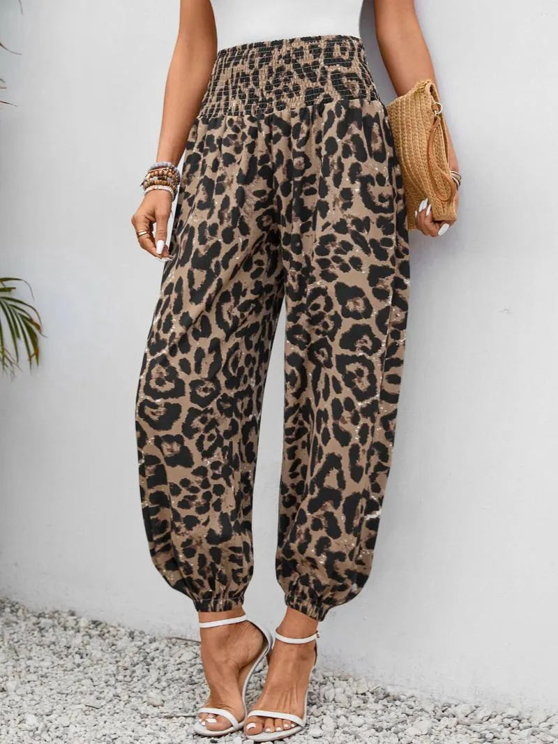 Women s Leopard Print High Waist Ruched Cuffed Wide-Leg Lightweight ...
