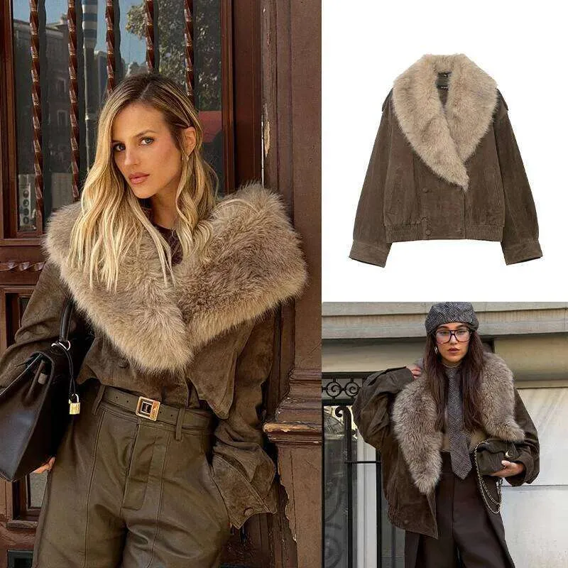 Suede Fur Jacket Womens Brown Cropped Vintage Polyester Floral Autumn 1 ...