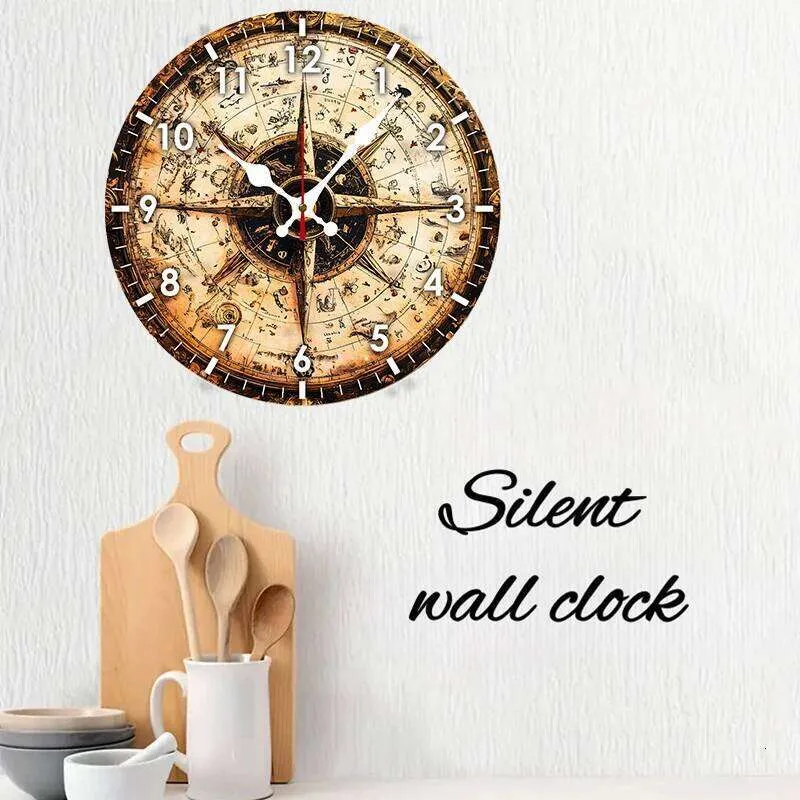 Ocean Themed Compass Wooden Round Silent Hanging Wall Clock with ...