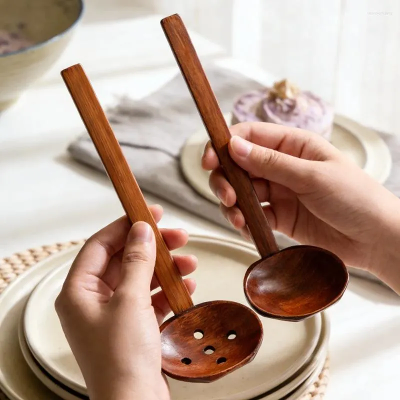Spoons Long Handled Soup Ladle Bamboo Wooden Slotted Noodle Strainer ...