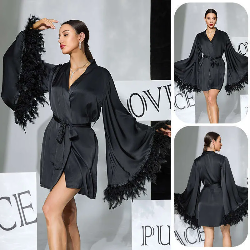 Women s Black Satin Silk Robe with Lace-Up and Feather Decoration, Long ...