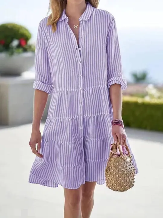 Women's Striped Long Sleeve Shirt Dress Knee-Length Polyester Casual ...