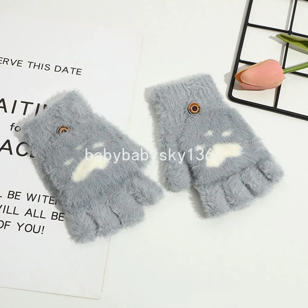 Plush Paw Claw Pattern Girls Half Finger Gloves Flip Cover Fingerless ...