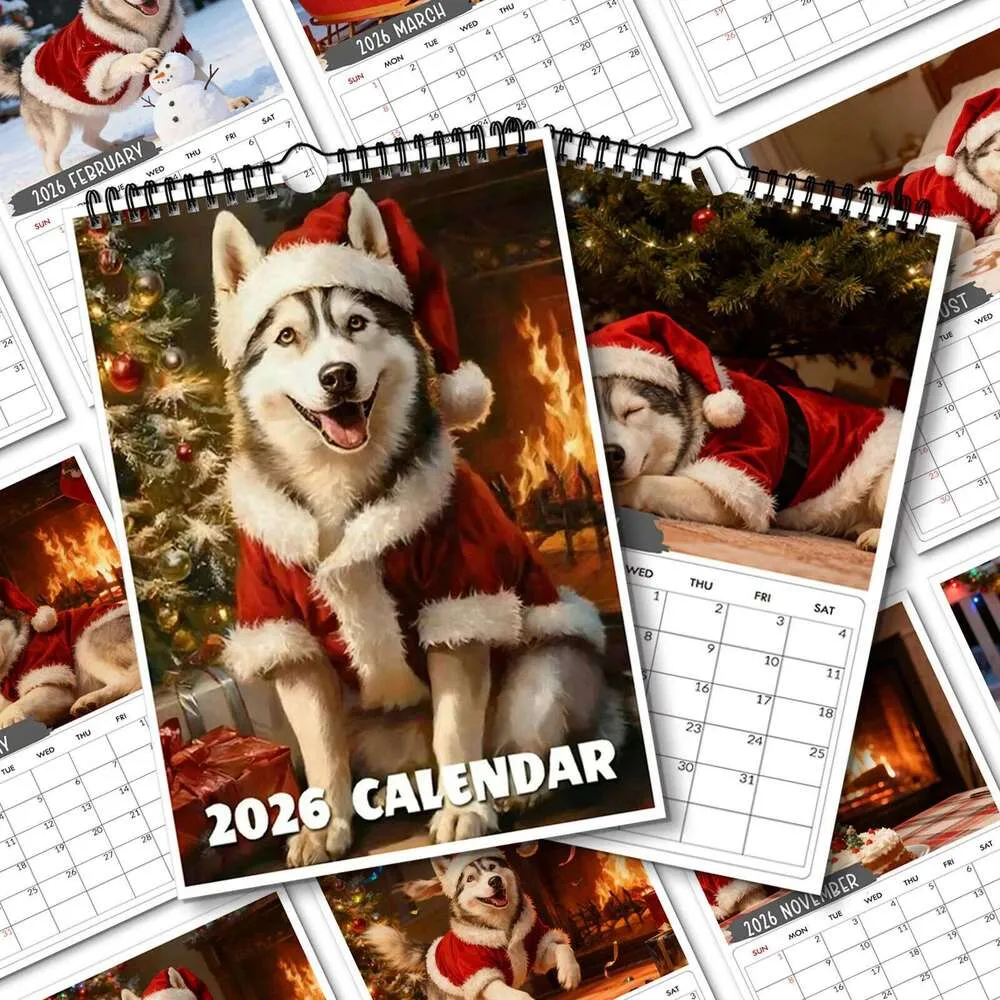 2026 Spiral Calendar Festive Santa Husky Design Home & Office Wall ...
