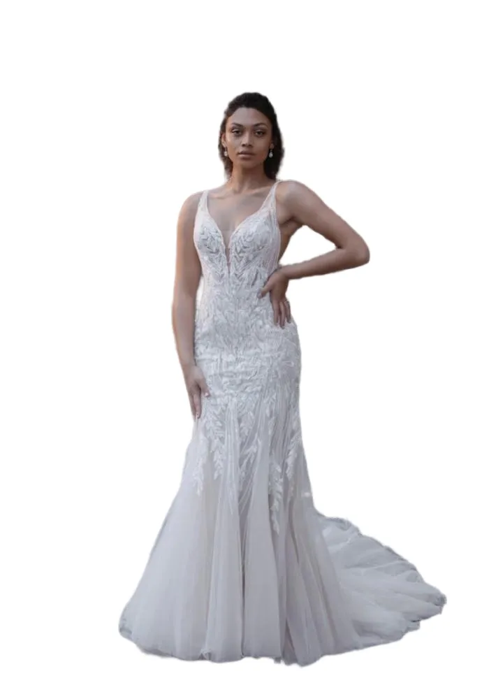 Bohemian Deep V Neck Mermaid David's Bridal Mermaid Dress With Beaded ...