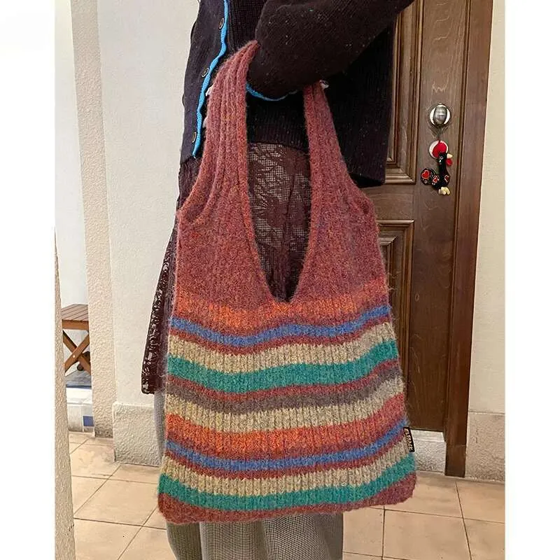 ELFSACK Y K Rainbow Knit Crochet Shoulder Bag Large Capacity Casual ...