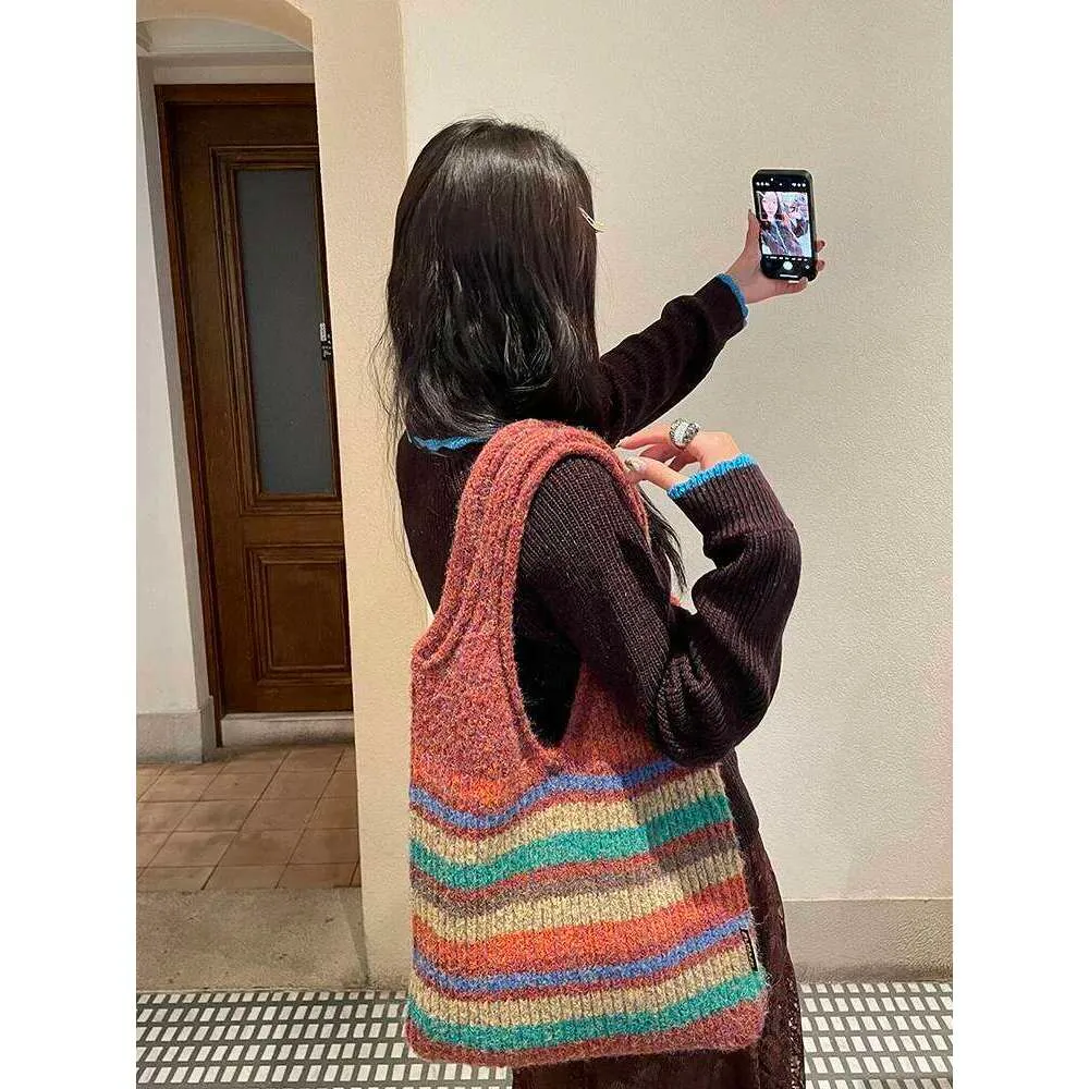 ELFSACK Y K Rainbow Knit Crochet Shoulder Bag Large Capacity Casual ...