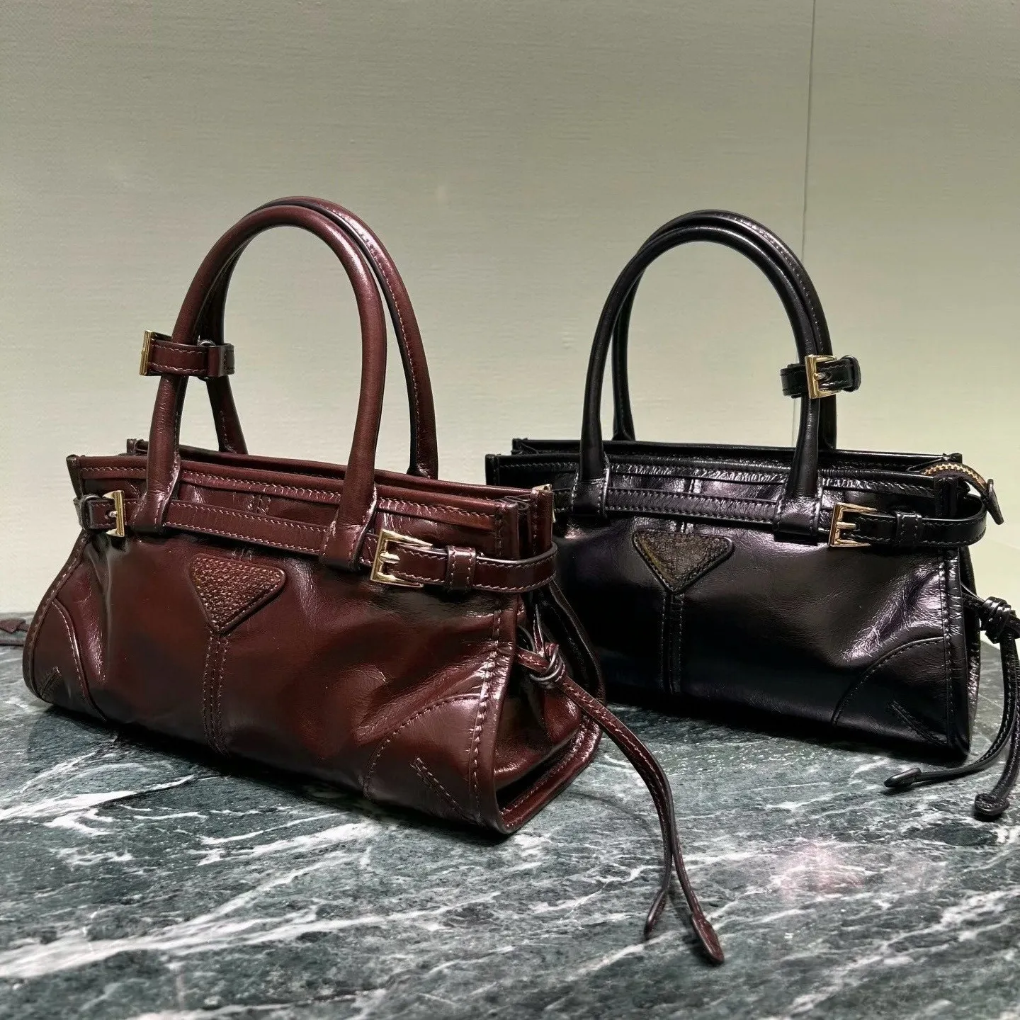 2026 Womens Leather Top Handle Bags Triangle Emblem Buckle, Gold ...