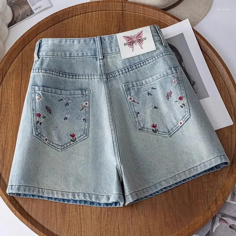 Women's Light Blue High-Waisted Denim Shorts with Floral Embroidery ...