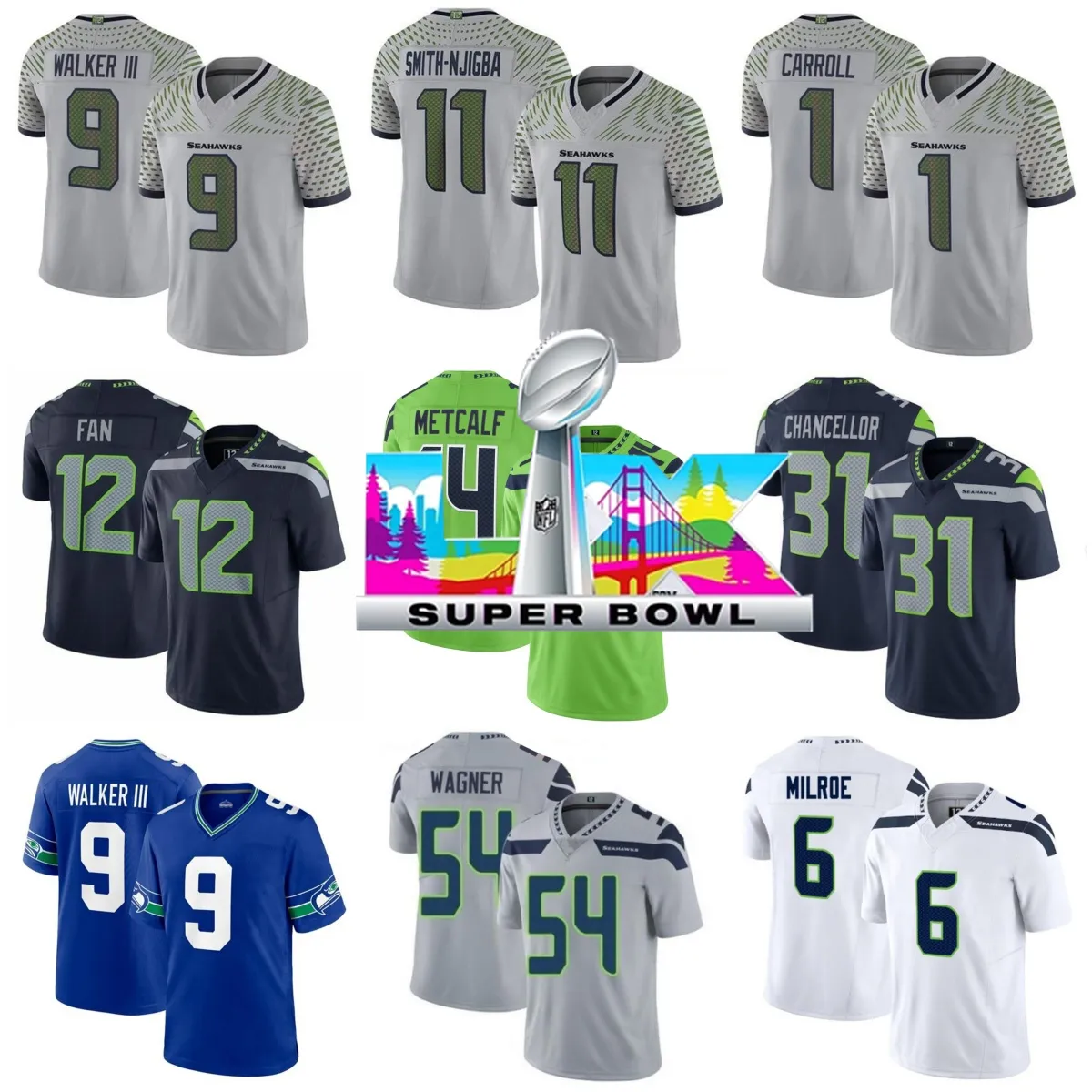 50th Anniversary Super Bowl LX Patch Grey Football Jersey Geno Smith ...