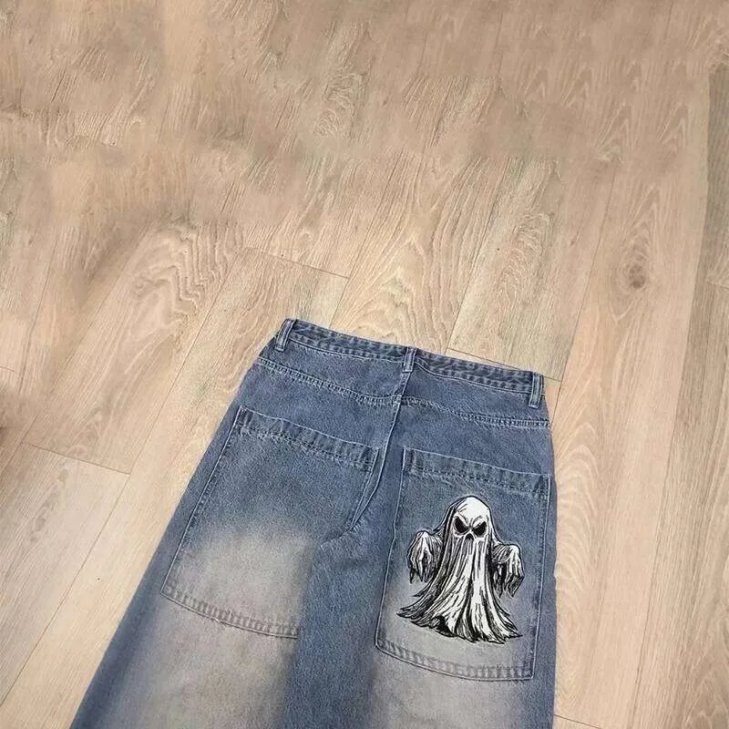 Punk Gothic Retro Ghost Pattern Denim Loose Straight Jeans Men Women ...