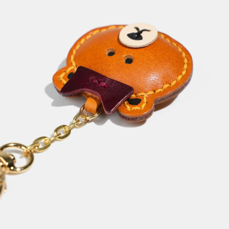 Hand-sewn Cartoon Bear Leather Bag Accessory and Round Alloy Keychain ...