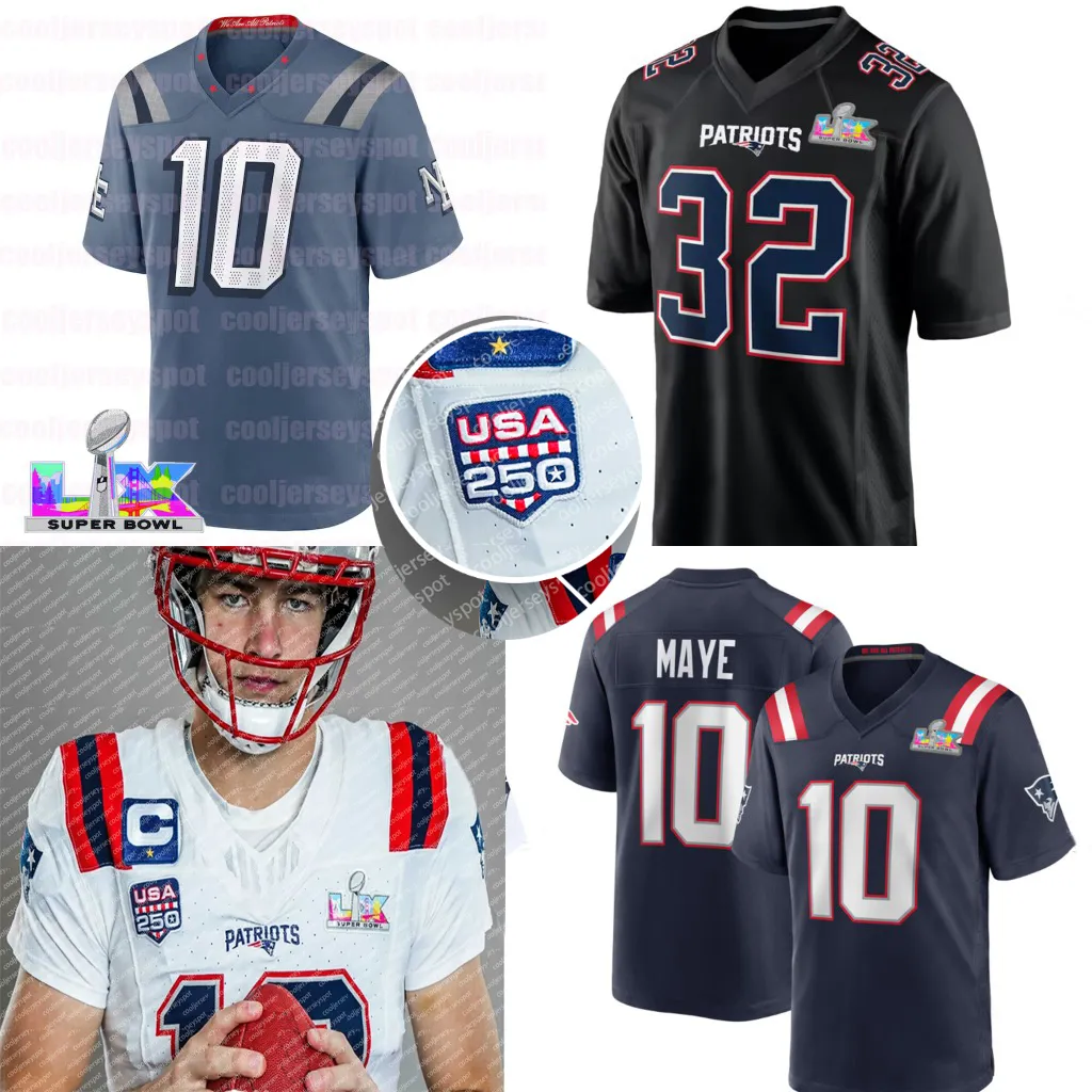 Drake Maye Custom Football Jersey Patriots Super Bowl LX Patch Stefon ...