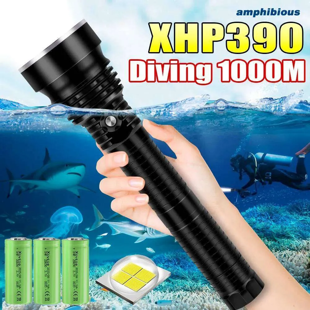 900000LM Powerful XHP390 Submersible Flashlight IPX8 Underwater Lamp ...