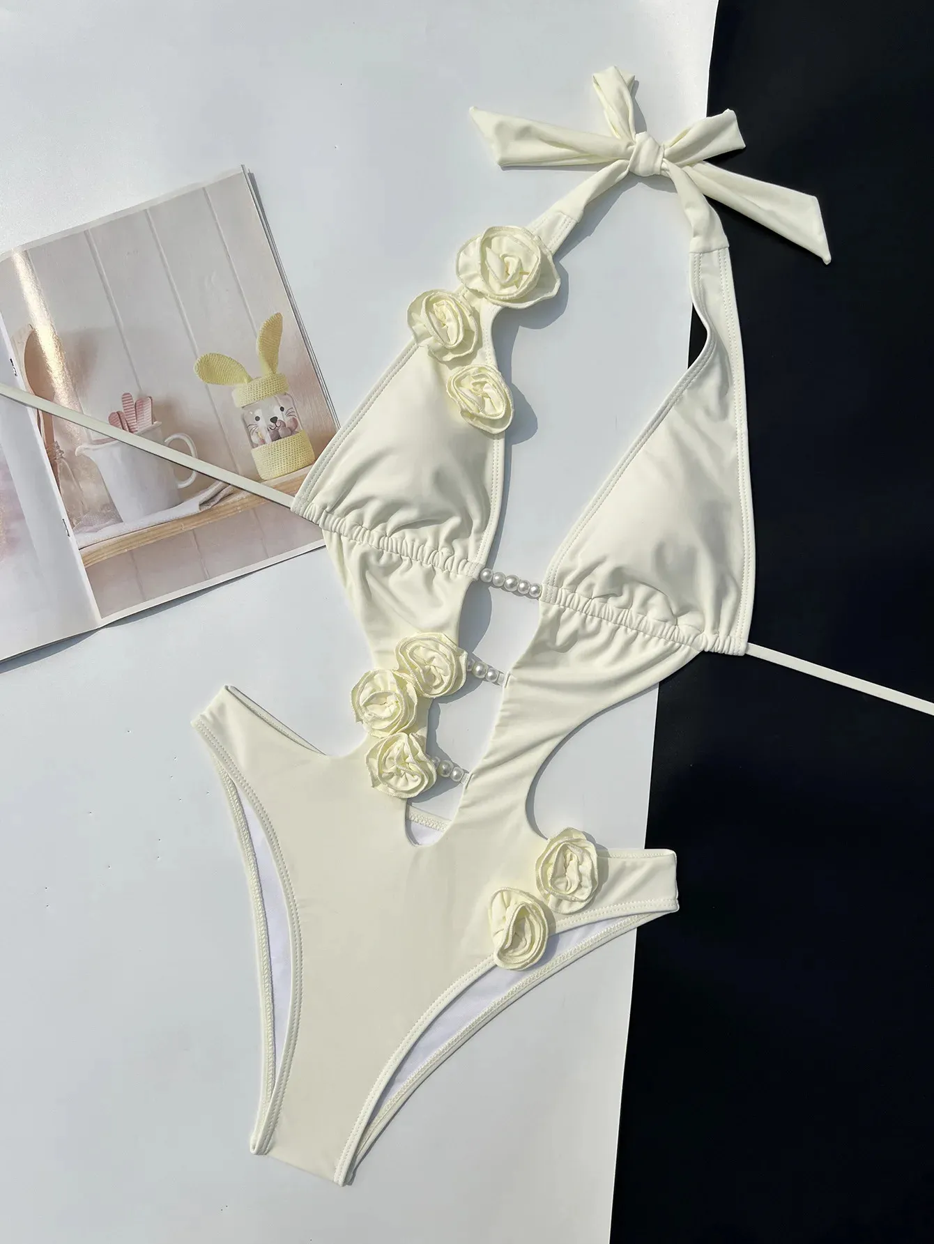 Sexy Pearls 3D Flower Designer One Piece Monokini Swimsuit Women Beige ...