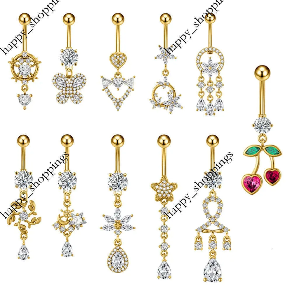 2026 Stainless steel navel rings with heart, cherry, pearl, moon ...