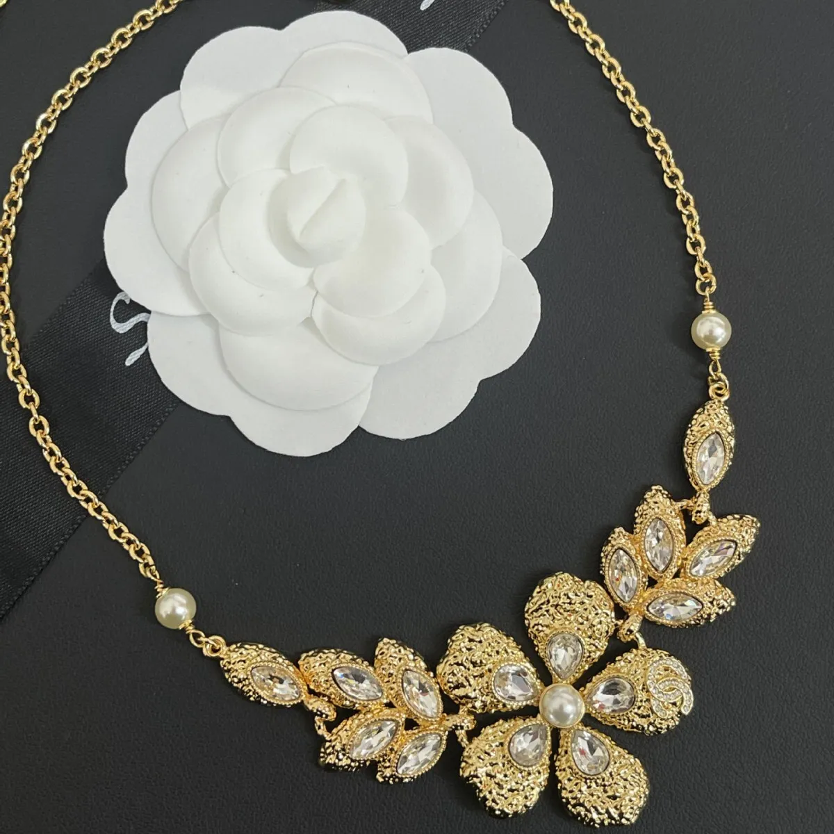 Designer CC Pendant Necklace with Embossed Pearl Flower and Wheat Ear ...