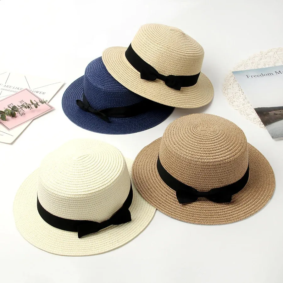 Straw Hat Women Summer Hat Beach Ladies Casual Flat Bowknot Panama Hat ...