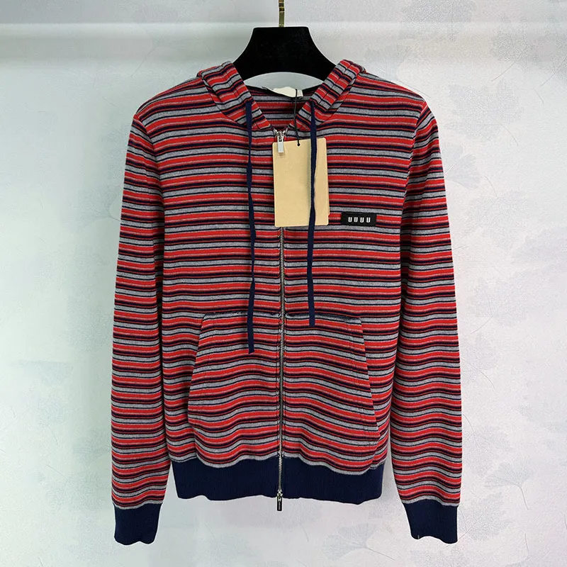 Women Wool Blend Zip-Up Woolen Coat with Striped Pattern, Long Sleeve ...