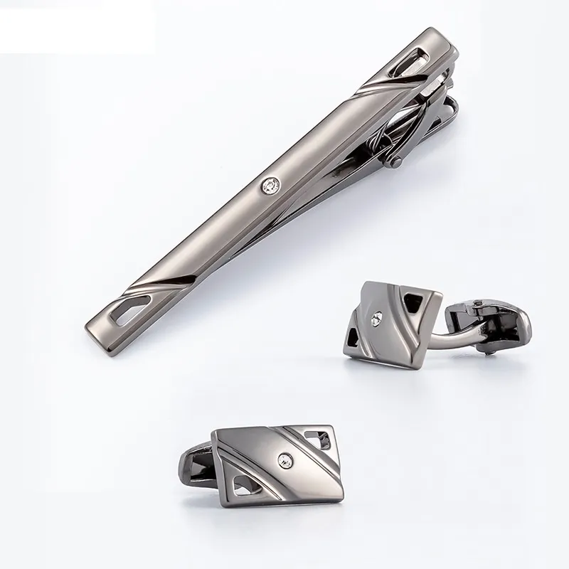 Gun Black Rectangular Diagonal Curved Tie Clip and Cufflinks Set from ...