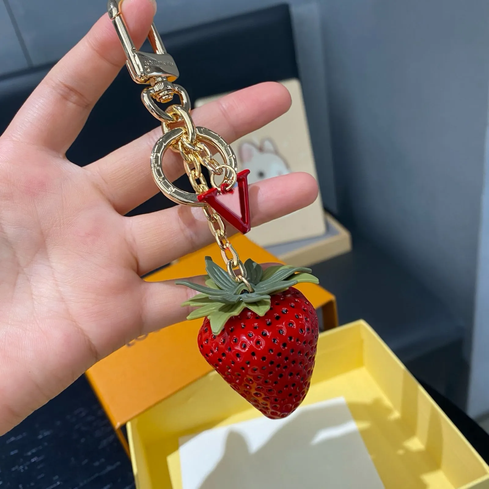 Luxury Designer Red Strawberry Keychain with 14K Gold Plated Zinc Alloy ...