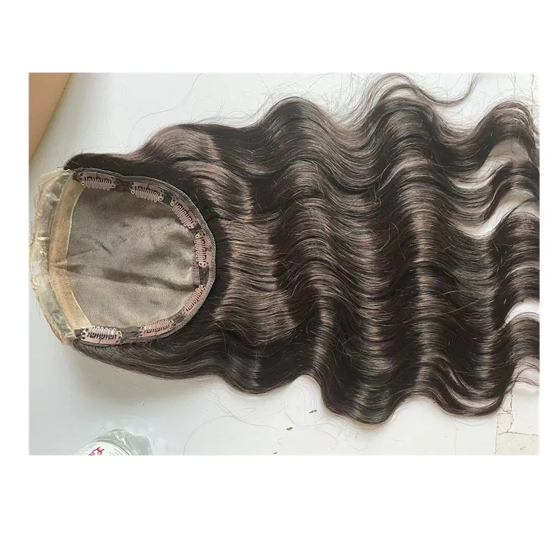 100% Human Hair Toppers Dark Brown Salt & Pepper Mono Silk Base Clip ...