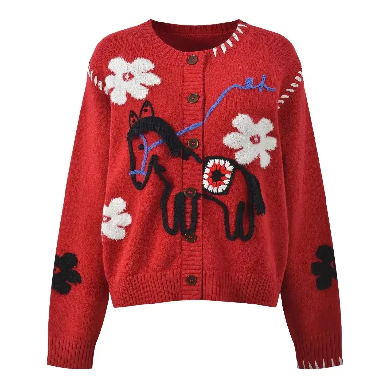 Year Of The Horse Red Sweater Cardigan 3D Pony Design Chic Stylish Knit ...