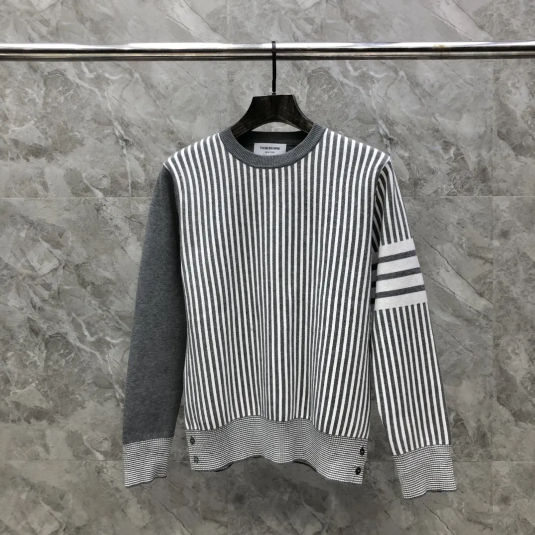 Knitted Wool Sweater with Vertical Color-Blocked Stripes and Round Neck ...