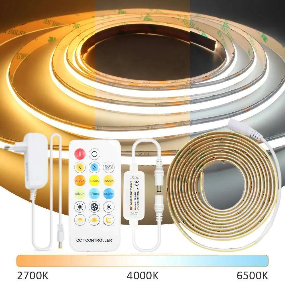 CCT COB LED Strip Light 24V Dimmable 1M-5M Dual White FCOB Tape with RF ...