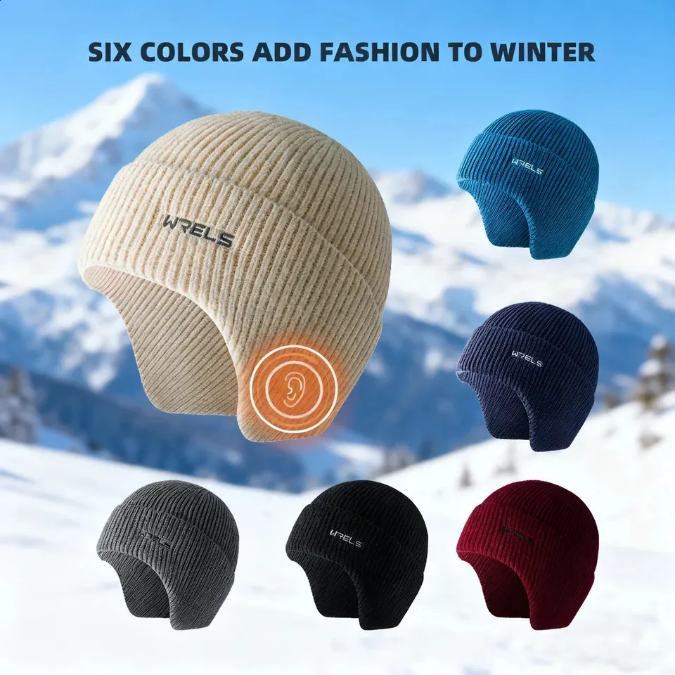 WRELS Earflap Beanie Hat Thickened Windproof Knitted Running Cap Unisex ...