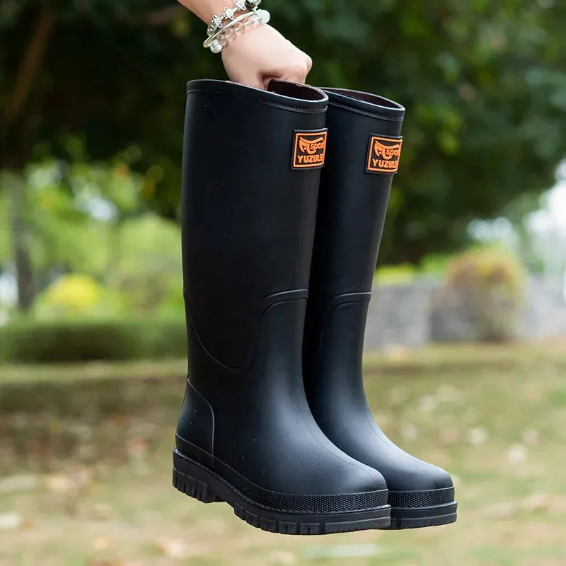 Womens High-Tube Waterproof Rubber Rain Boots Fleece-Lined Low Heel ...