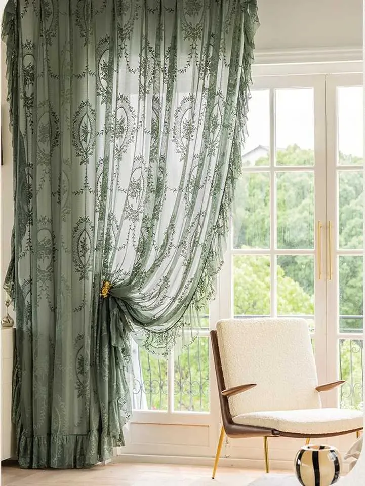 Sheer Curtain French Ruffled Lace Sheer Olive Green Crystal Jacquard ...