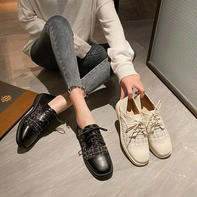 Women's Glitter & Leather Patchwork Brogue Flats - Lace Up Plaid Derby ...
